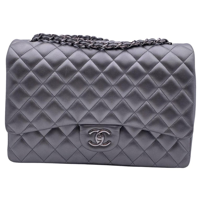 Chanel Grey Metallic Quilted Leather Maxi Timeless Classic Flap Bag For ...