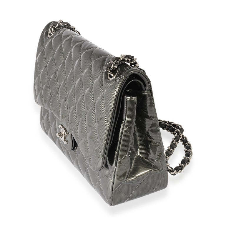 Chanel Grey Patent Leather Stripe Jumbo Double Flap For Sale at 1stDibs