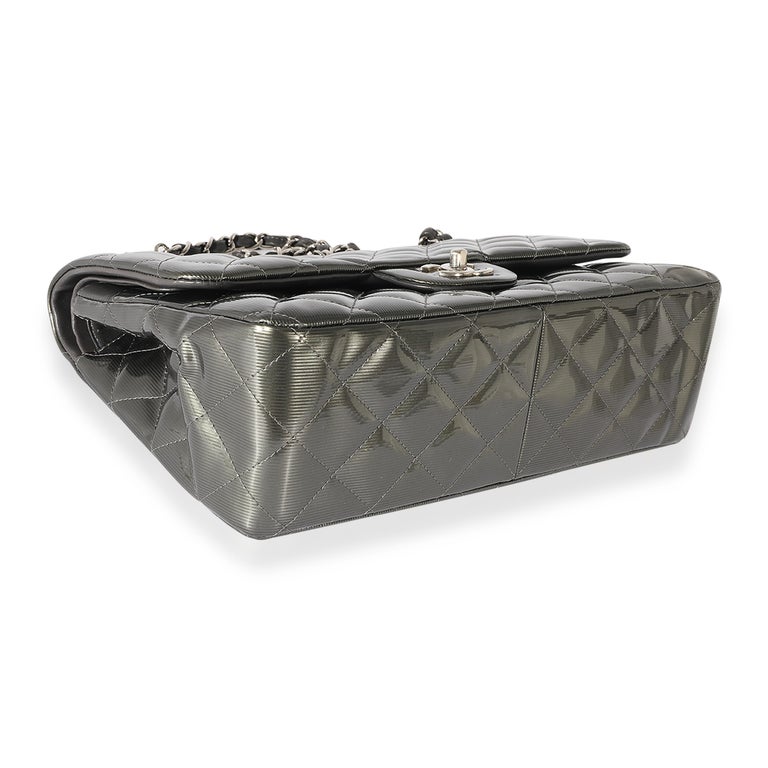 Chanel Grey Patent Leather Stripe Jumbo Double Flap For Sale at 1stDibs