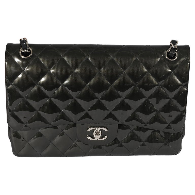 Chanel Grey Quilted Patent Leather Stripe Jumbo Double Flap Bag For ...