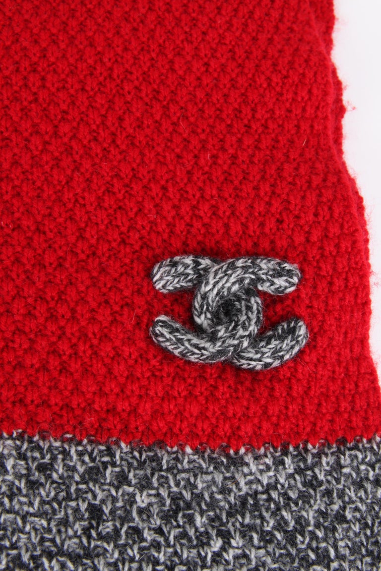 Chanel Grey Red Cashmere CC Stole Scarf XXL For Sale at 1stDibs