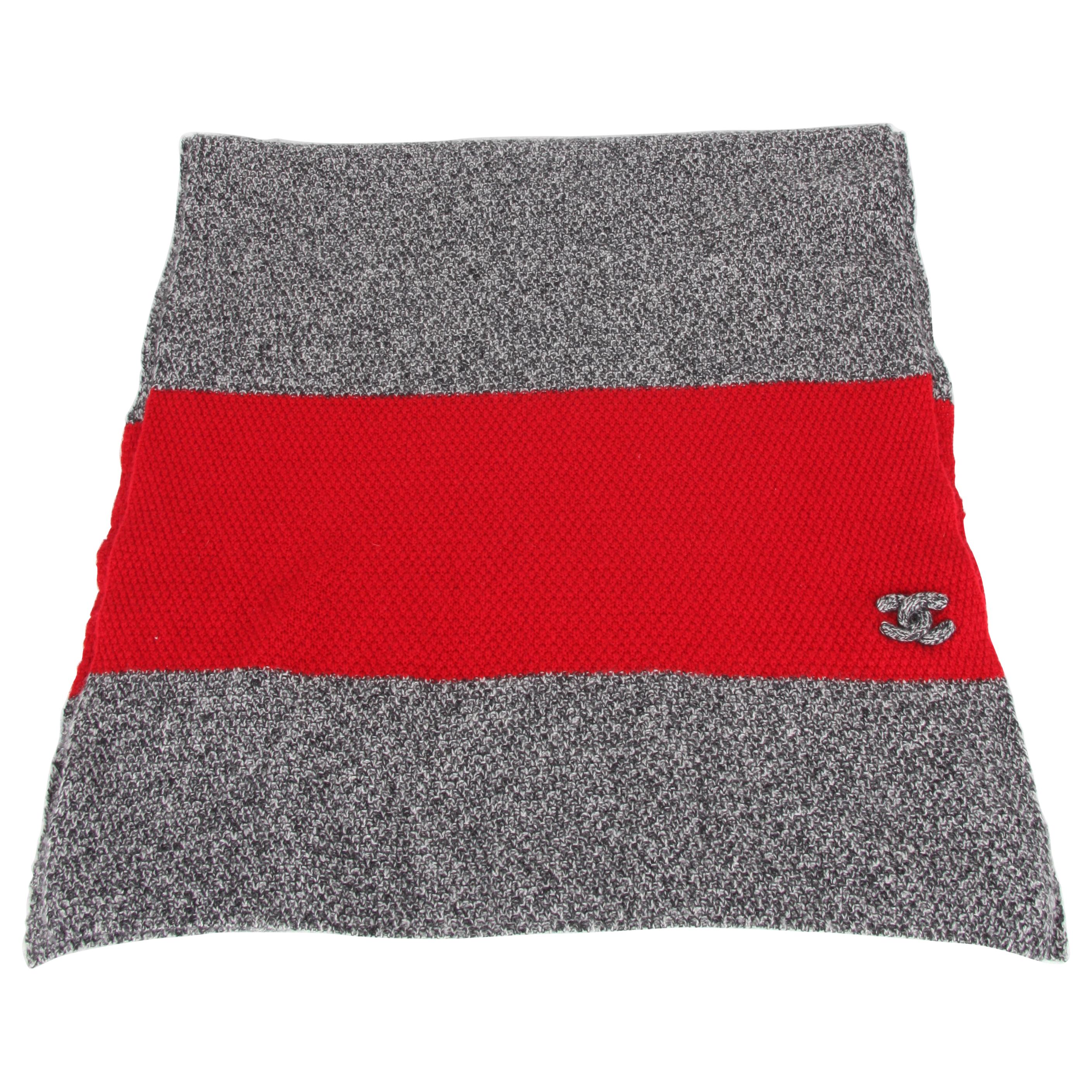 Chanel Grey Red Cashmere CC Stole Scarf XXL For Sale at 1stDibs