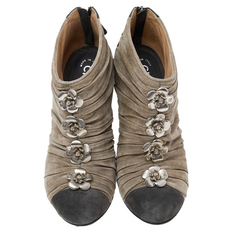 Chanel Grey Suede Cap Toe Camellia Flower Booties Size 38 For Sale at ...