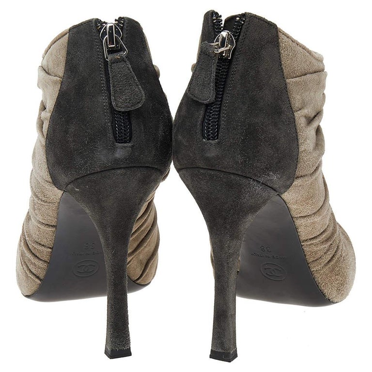 Chanel Grey Suede Cap Toe Camellia Flower Booties Size 38 For Sale at ...