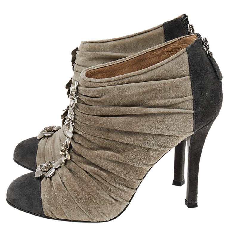 Chanel Grey Suede Cap Toe Camellia Flower Booties Size 38 For Sale at ...
