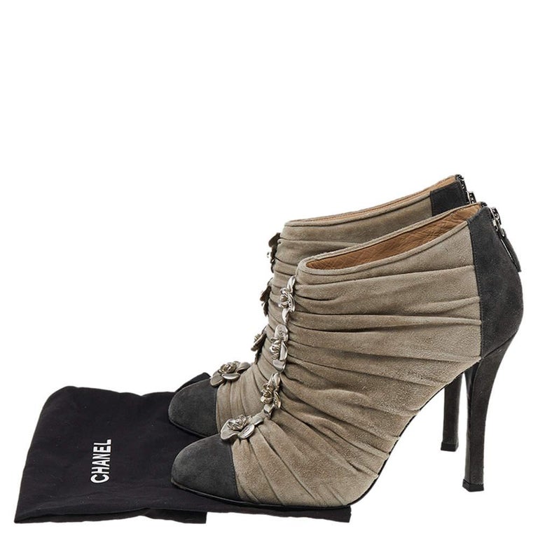 Chanel Grey Suede Cap Toe Camellia Flower Booties Size 38 For Sale at ...