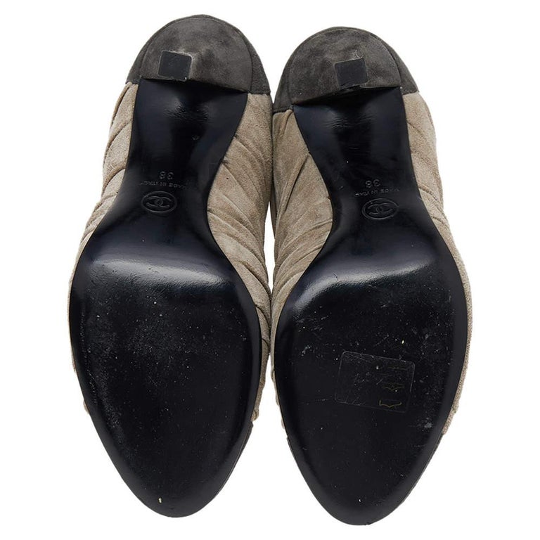 Chanel Grey Suede Cap Toe Camellia Flower Booties Size 38 For Sale at ...