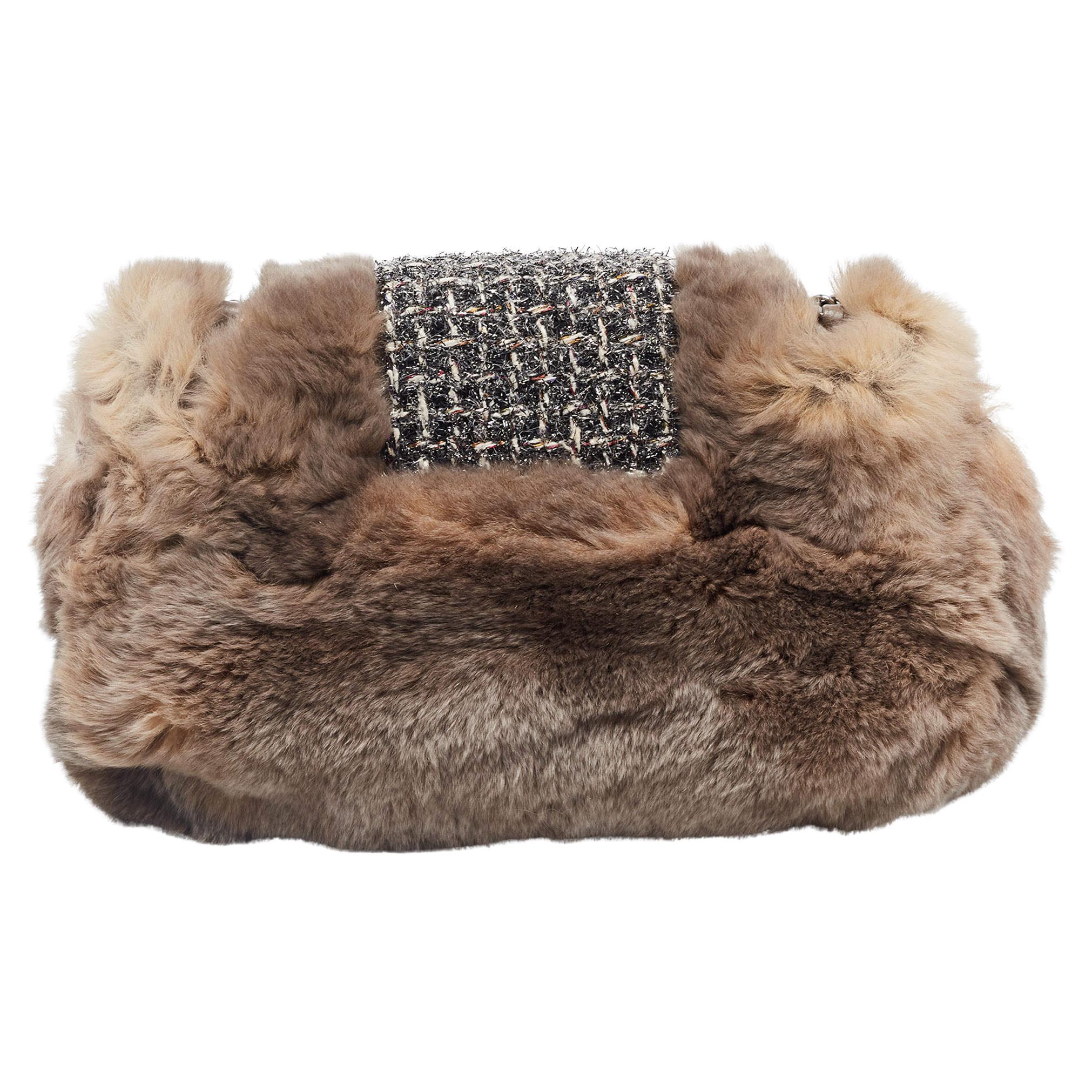 Chanel Grey Tweed Brown Fur Classic Flap Cross Body Bag For Sale at 1stDibs