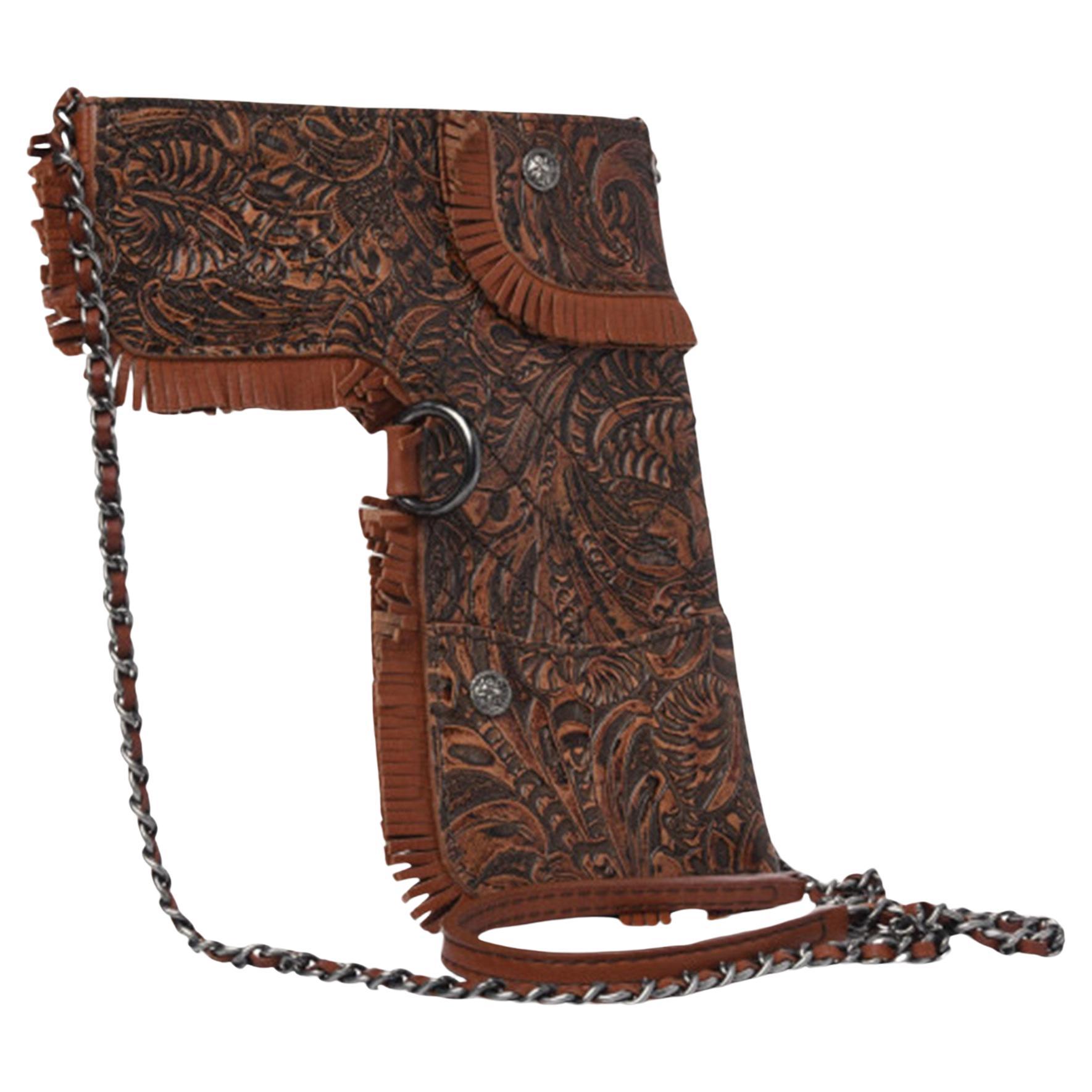 Chanel Gun Holster Fringe Brown Embossed Crossbody Bag For Sale at 1stDibs