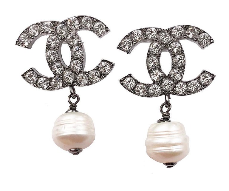 Chanel Gunmetal CC Crystal Faux Baroque Pearl Dangle Piercing Earrings ...