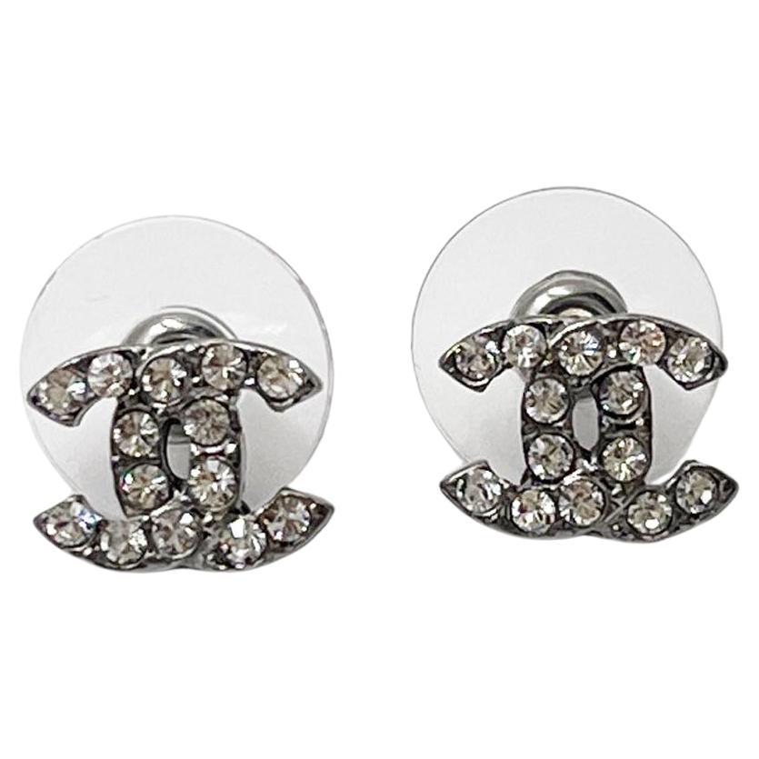 Chanel Gunmetal CC Round Crystal Small Piercing Earrings For Sale at ...