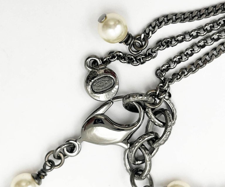 Chanel Gunmetal Pearl Dangling Chain Long Necklace For Sale at 1stDibs