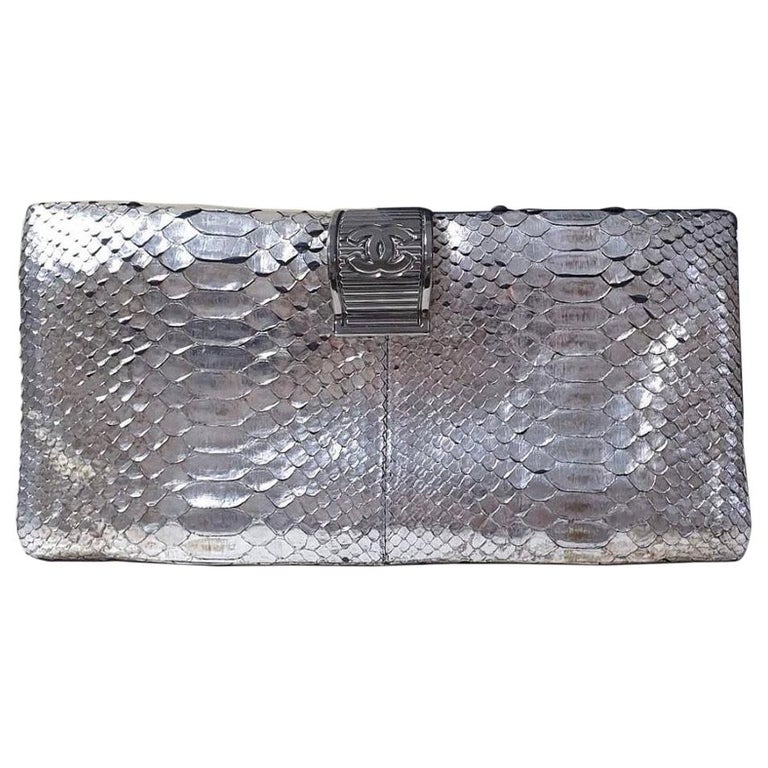 Chanel Handbag Silver Python Clutch For Sale at 1stDibs
