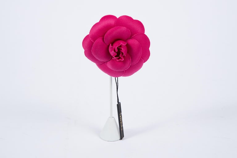 Chanel Hot Pink Silk Camellia Pin with Box at 1stDibs