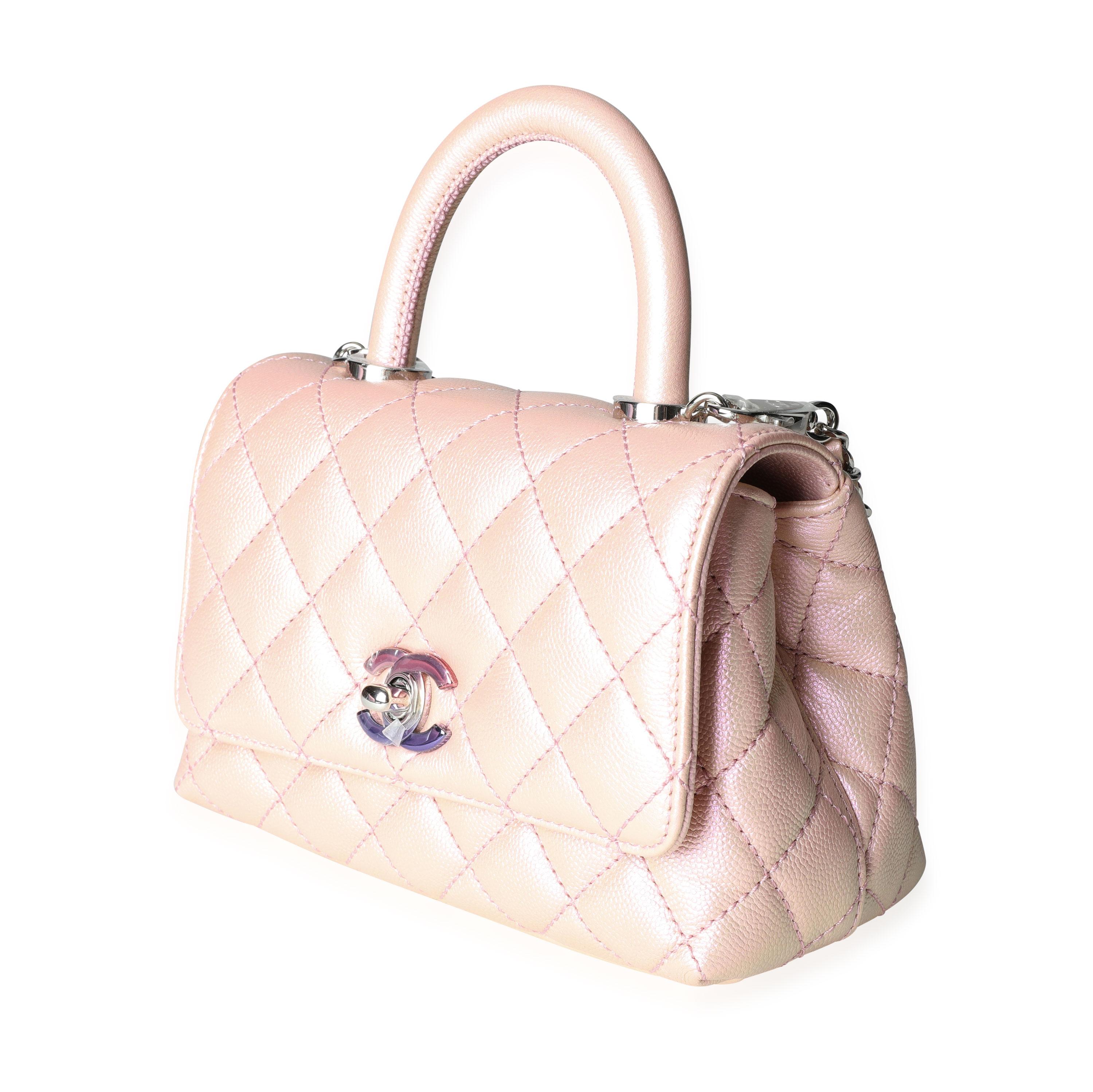 Chanel Iridescent Pink Quilted Caviar Coco Top Handle Extra Mini Flap ...