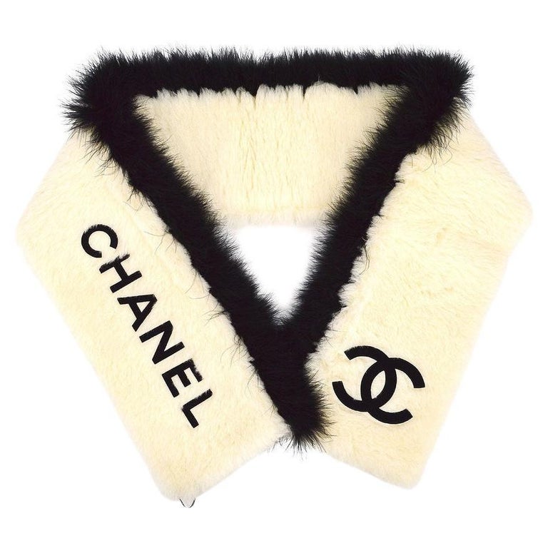 CHANEL Ivory Black CC Logo Fur Cotton Wool Blend Scarf For Sale at 1stDibs