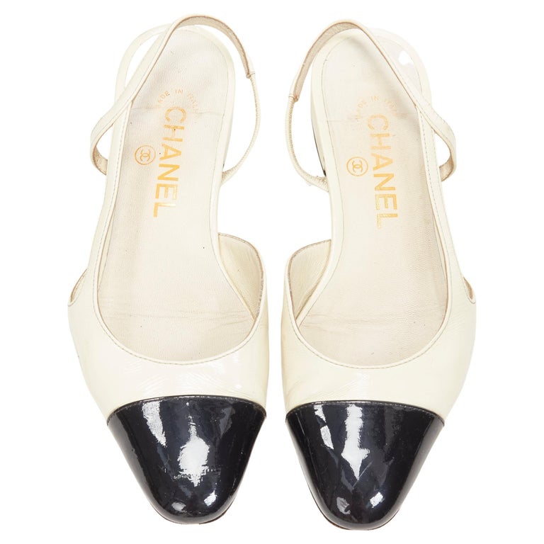 CHANEL ivory black toe cap patent leather sling back CC heel flats EU36 ...
