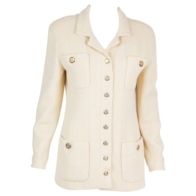 Chanel Ivory Long Boucle Wool Tweed Jacket For Sale at 1stDibs