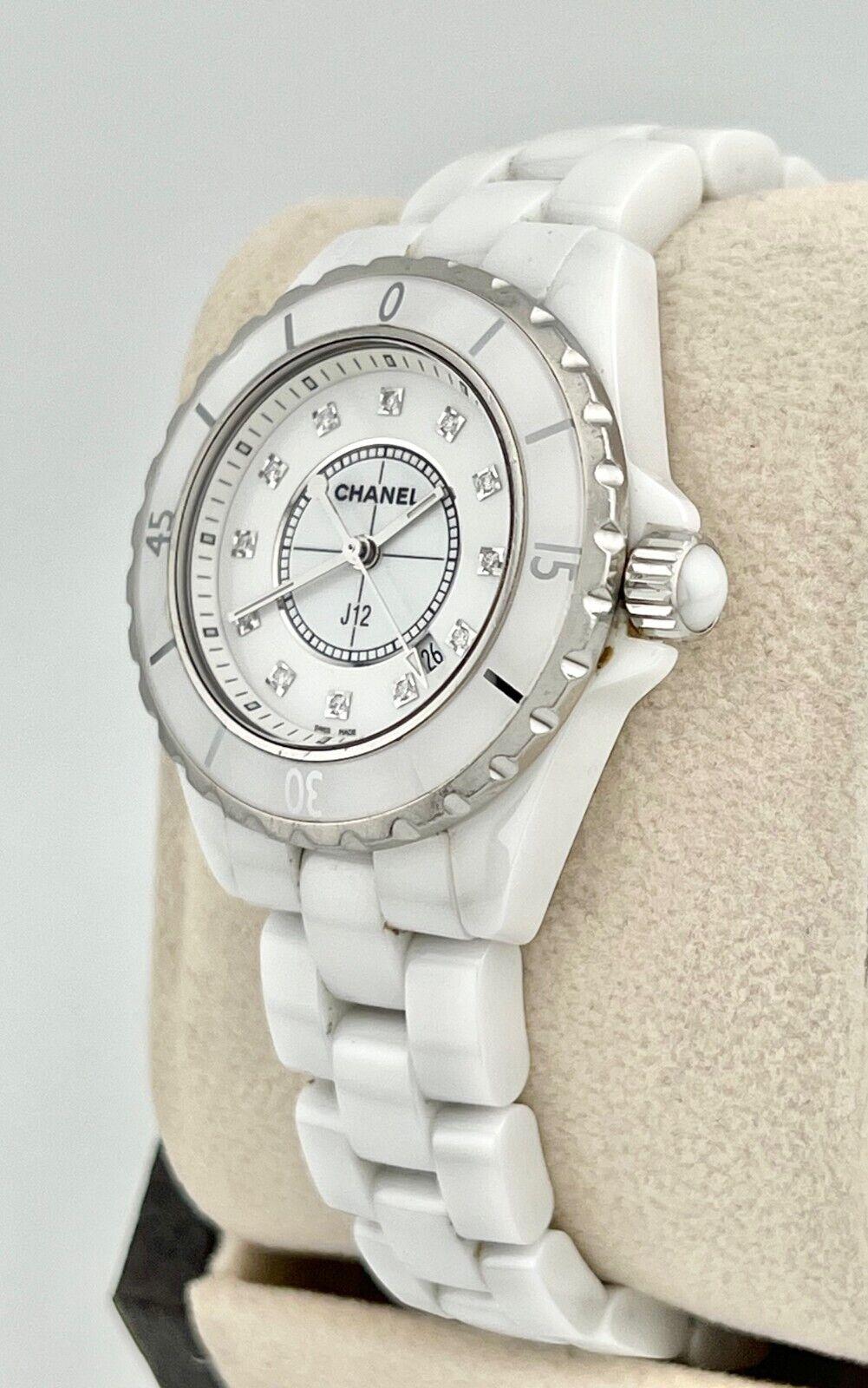 Chanel J12 H1628 33mm Ladies White Diamond Dial White Ceramic Box Paper ...