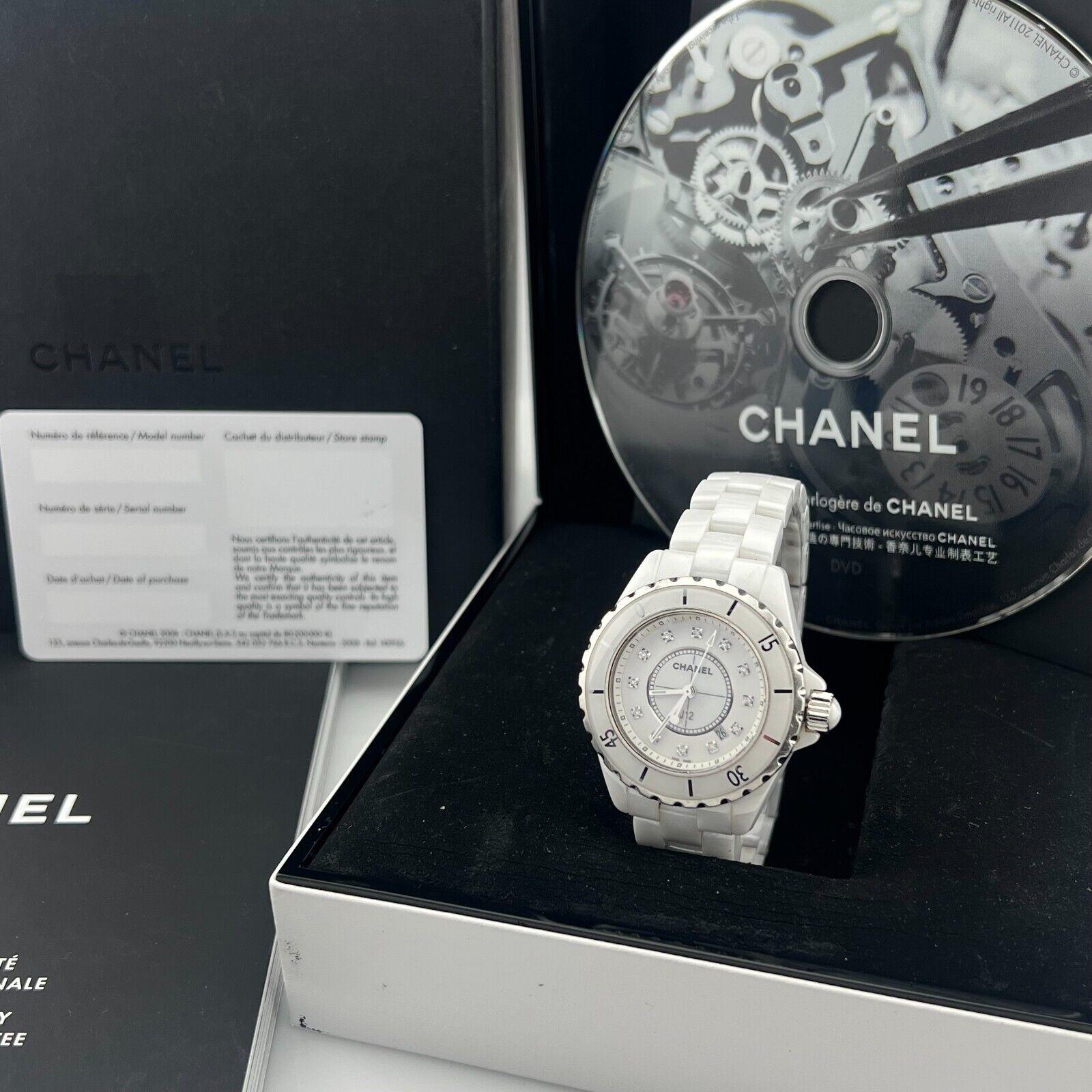 Chanel J12 H1628 33mm Ladies White Diamond Dial White Ceramic Box Paper ...