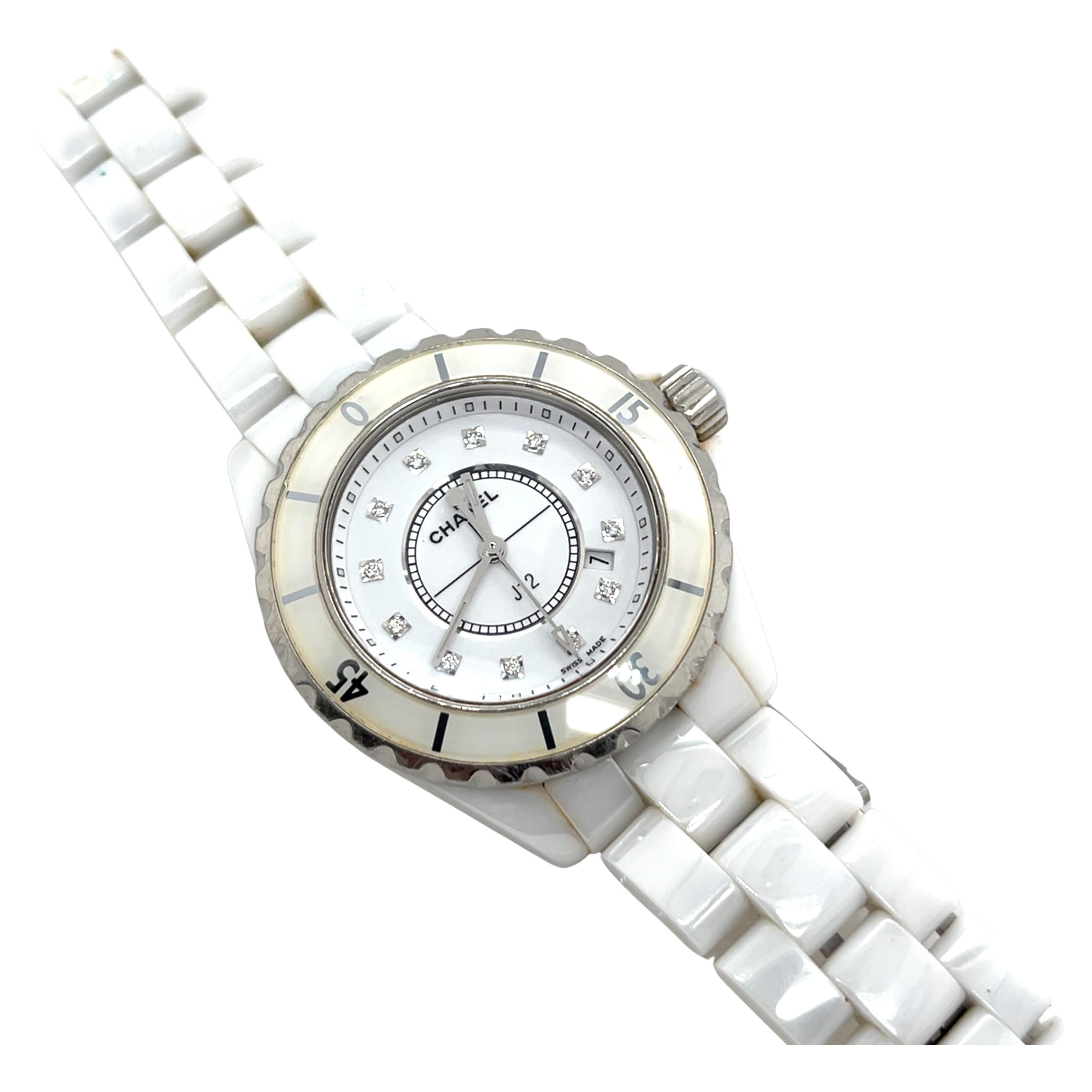 Chanel Lady's White Ceramic J12 Wristwatch with Diamond Dial at 1stDibs