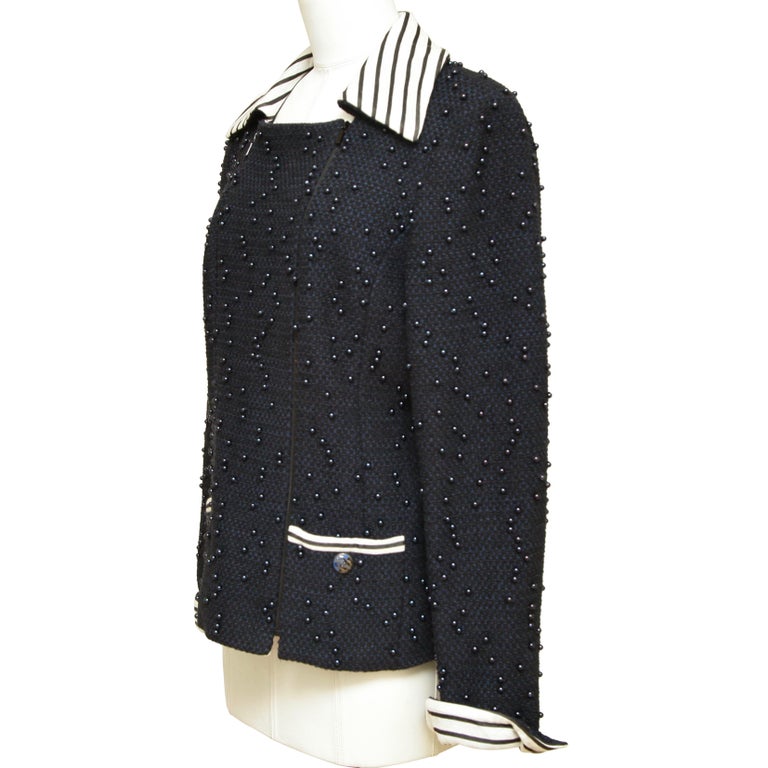 CHANEL Jacket Blazer Coat Tweed Navy Blue Beaded Buttons Zipper 2017 Sz ...
