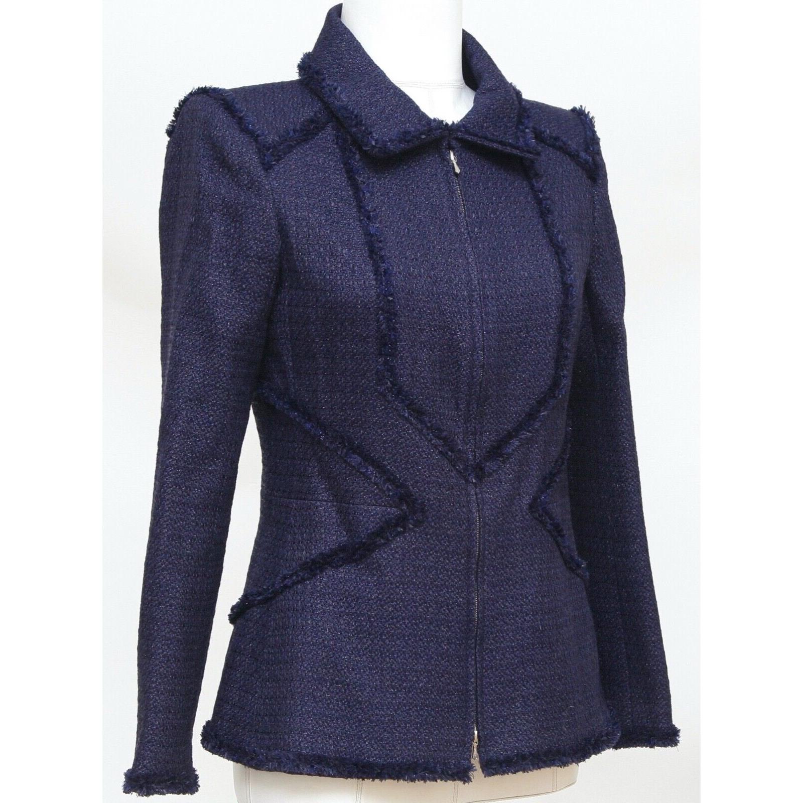 CHANEL Blazer Jacket Coat Tweed Navy Blue Iridescent Gunmetal Buttons ...