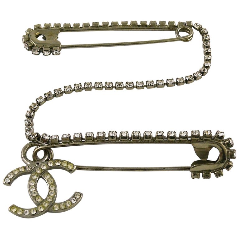 Chanel Jewelled Double Safety Pin CC Brooch at 1stDibs | chanel safety pin brooch