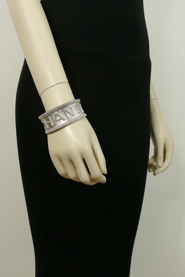 Chanel Jewelled Silver Toned Script Monogram Cuff Bracelet at 1stDibs