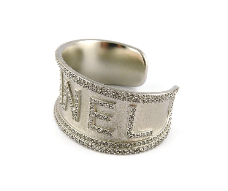 Chanel Jewelled Silver Toned Script Monogram Cuff Bracelet at 1stDibs