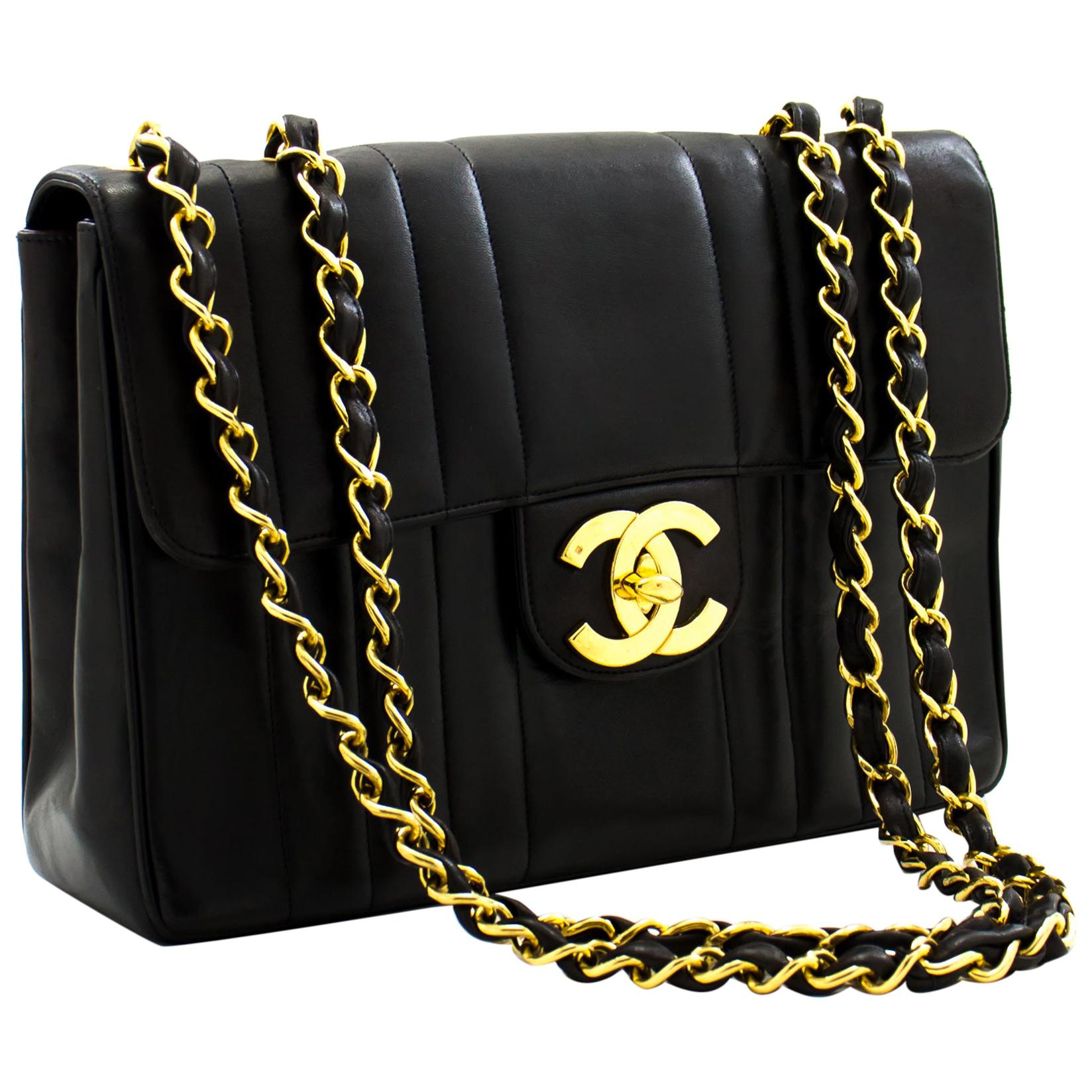 CHANEL Jumbo 11" Chain Shoulder Bag Black Vertical Quilted Lamb at 1stDibs