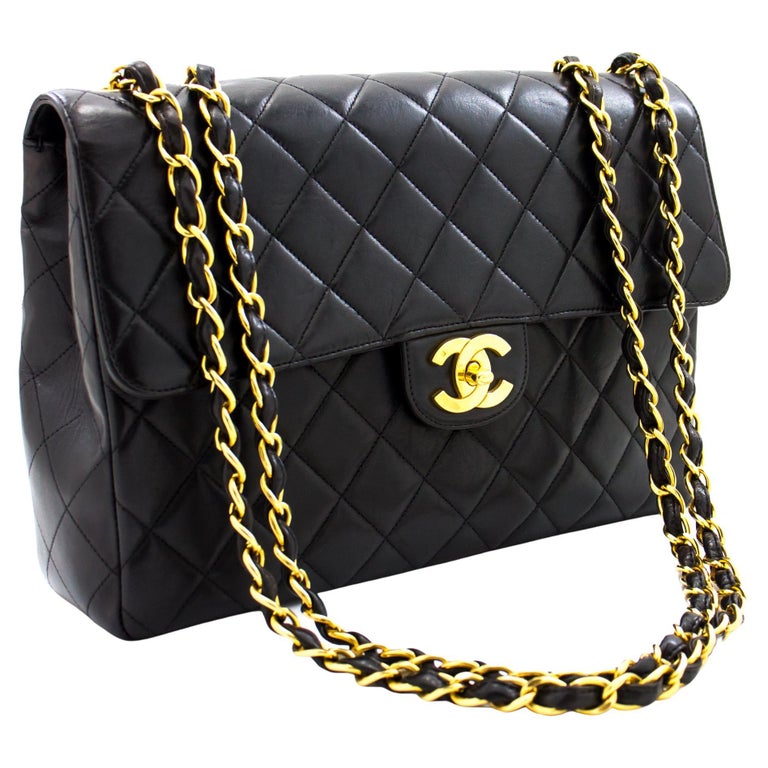 CHANEL Jumbo 11" Large Chain Handbag Flap Lambskin Black Gold For Sale ...