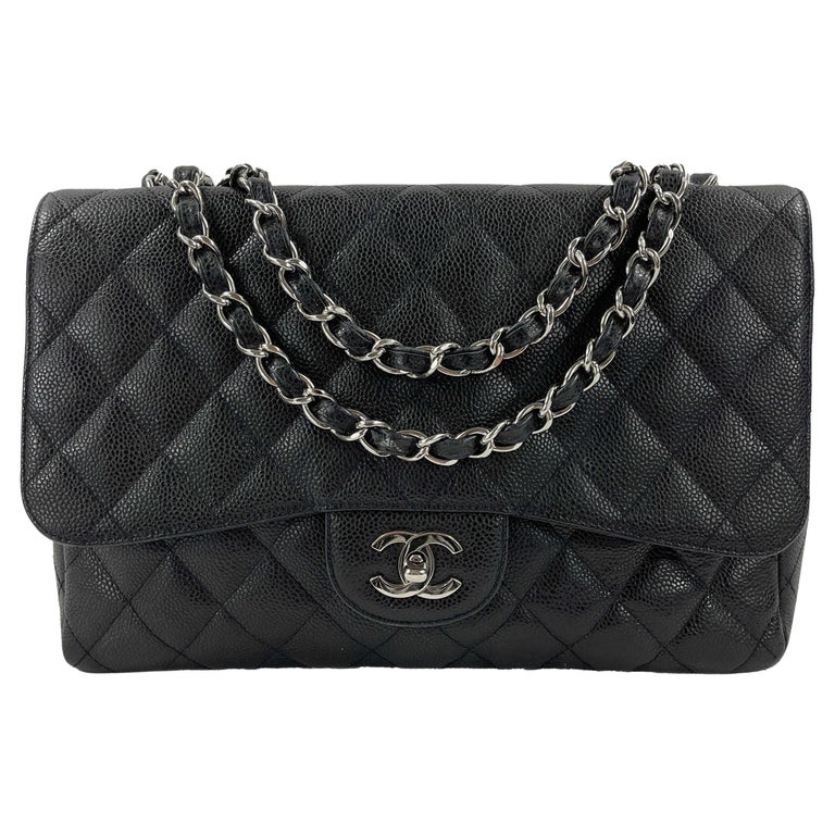 CHANEL - Jumbo Caviar Leather CC Classic Flap - Black / Silver Shoulder ...