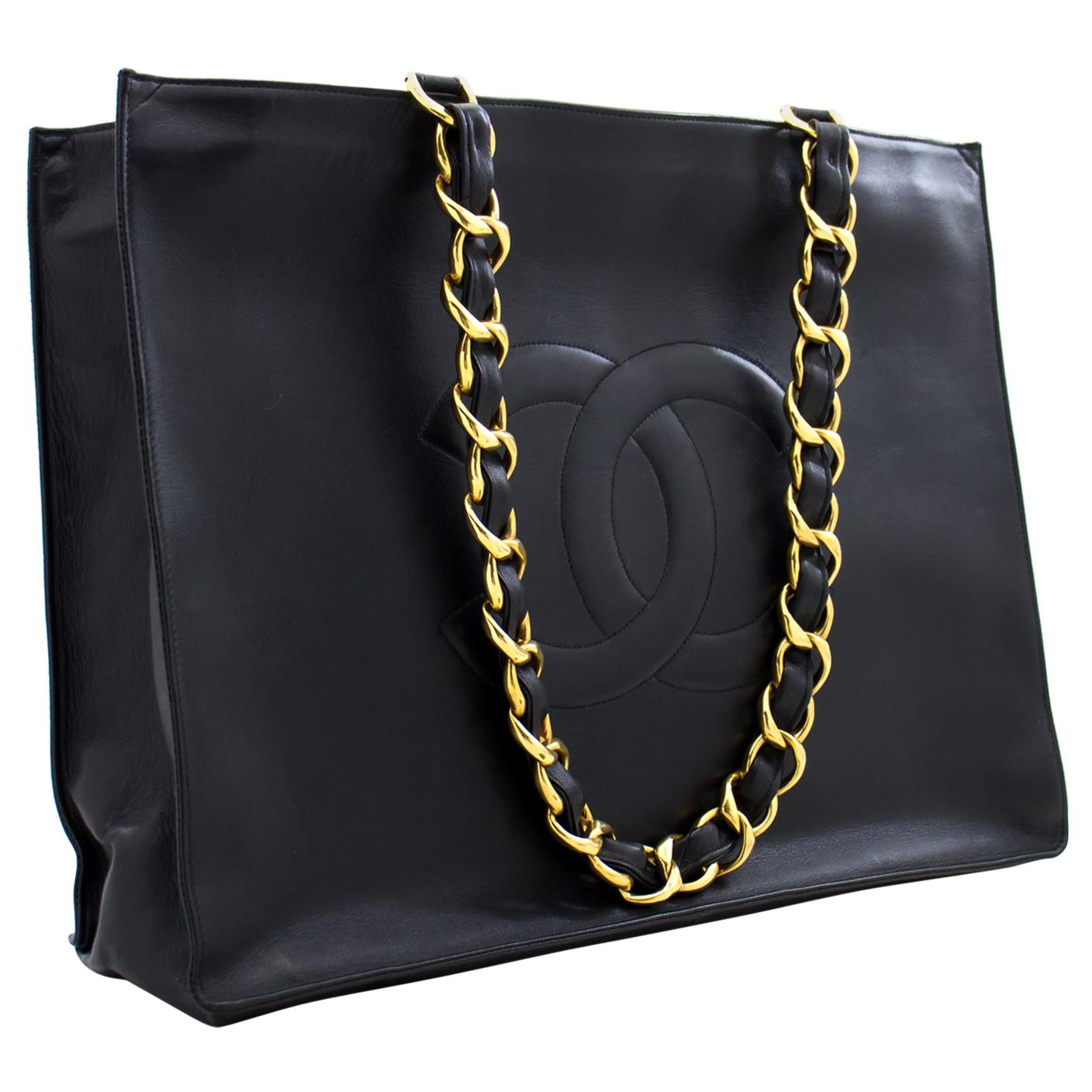 CHANEL Jumbo Large Big Chain Shoulder Bag Lambskin Black Leather For ...