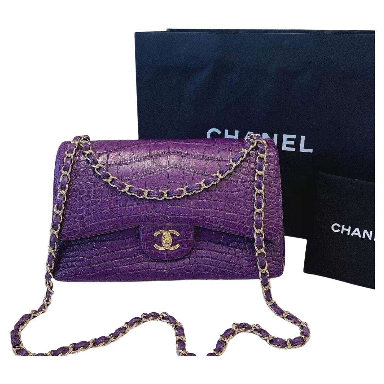 Chanel Purple Alligator Jumbo Classic Double Flap Bag with Gold ...