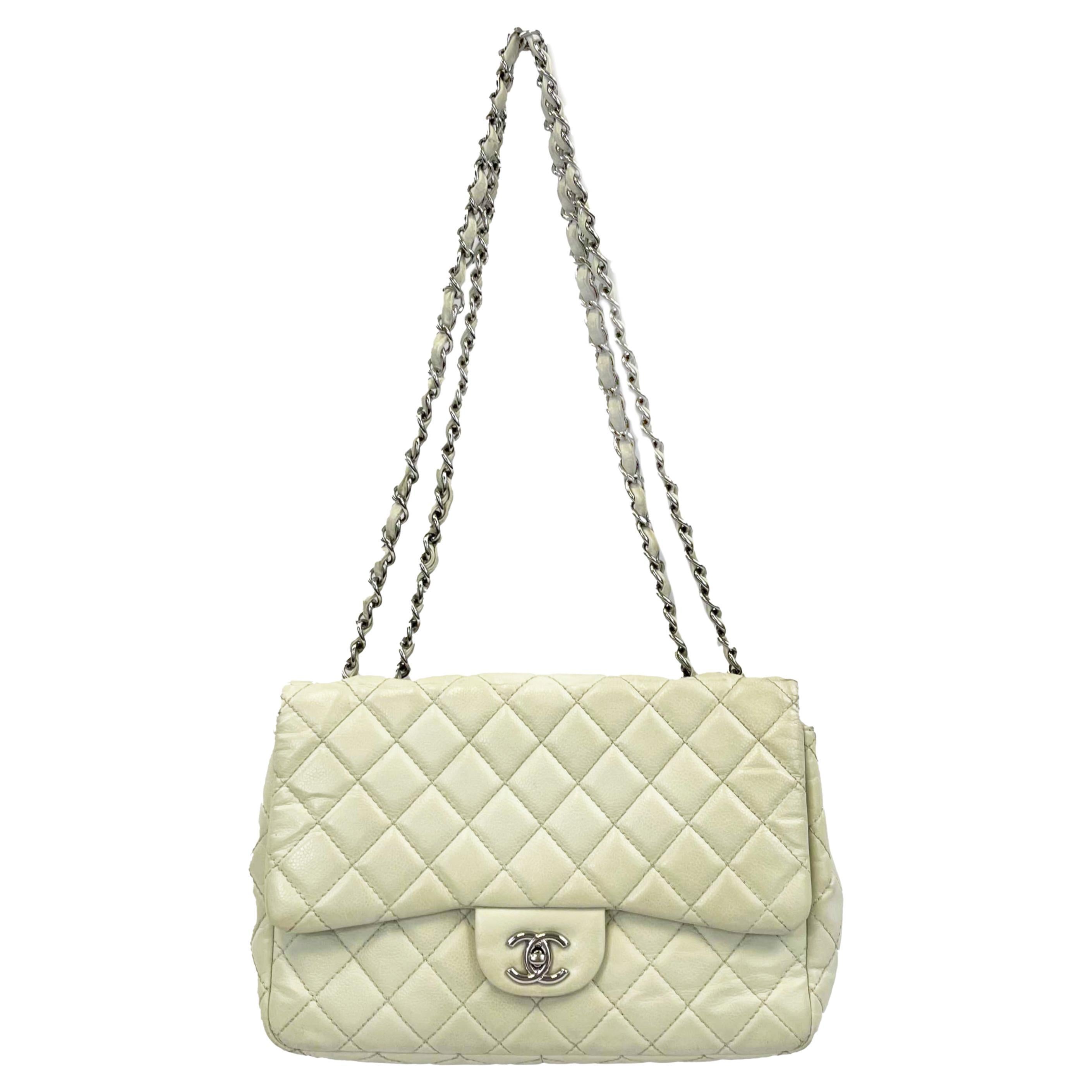 Chanel - Jumbo White Classic Flap - CC Silver Crossbody Shoulder Bag ...