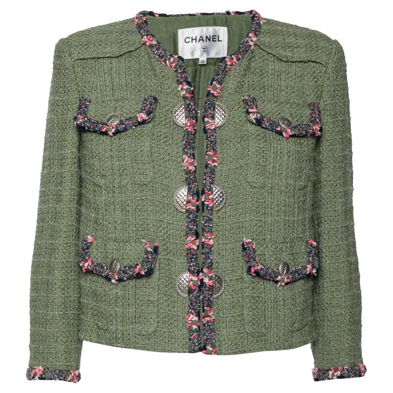 Chanel Khaki Green Tweed Contrast Trimmed Jacket L at 1stDibs