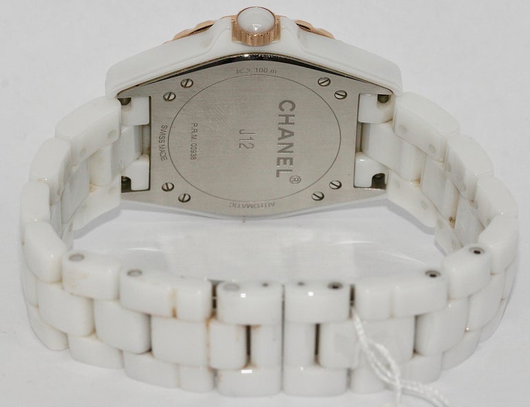 Chanel Ladies Rose Gold, White Ceramic J12 Automatic Wristwatch Box and ...