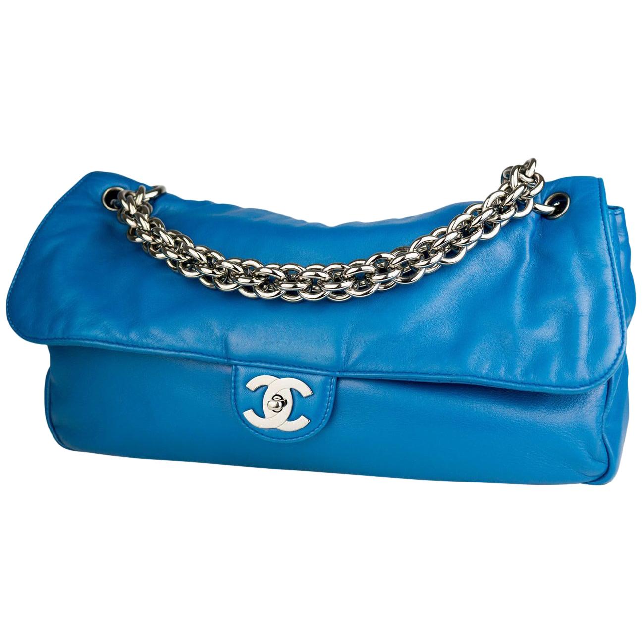 Chanel large blue soft lambskin flap with extra thick chunky chain For ...