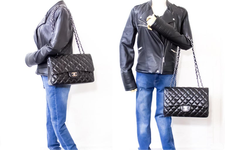 CHANEL Large Classic Handbag 11"Chain Shoulder Bag Flap Black Lamb For ...