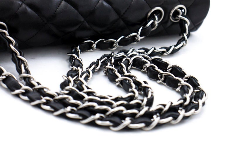 CHANEL Large Classic Handbag 11"Chain Shoulder Bag Flap Black Lamb For ...