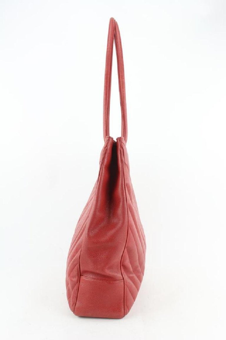 Chanel Large Red Caviar Leather Quilted Chevron Shopper Tote Bag ...