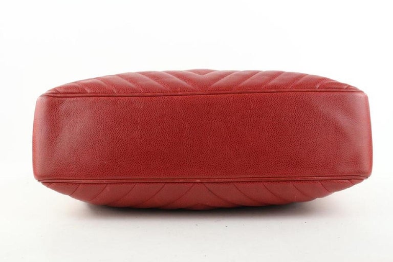 Chanel Large Red Caviar Leather Quilted Chevron Shopper Tote Bag ...