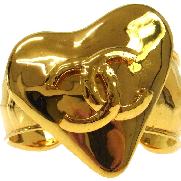 Chanel Large Wide Gold Heart Charm Cuff Bracelet in Box For Sale at ...