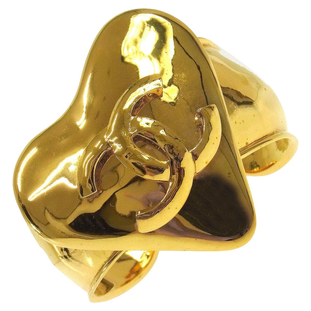 Chanel Large Wide Gold Heart Charm Cuff Bracelet in Box For Sale at ...