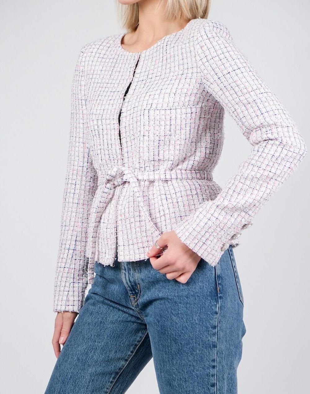Chanel Lavender Tweed Belted Jacket For Sale at 1stDibs