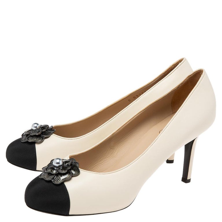 Chanel Leather And Fabric Camellia Embellished Cap Toe Pumps Size 41 ...
