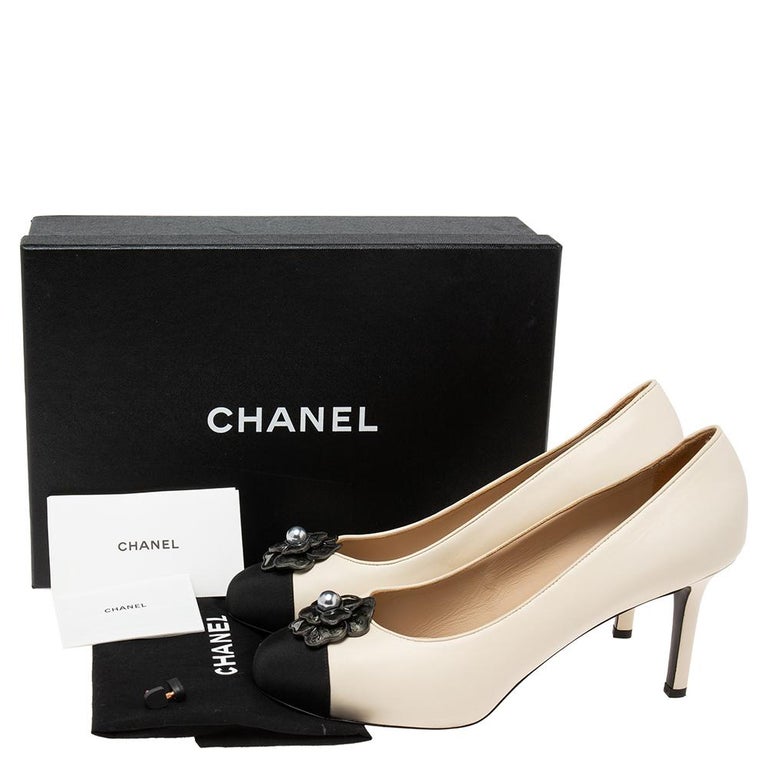Chanel Leather And Fabric Camellia Embellished Cap Toe Pumps Size 41 ...