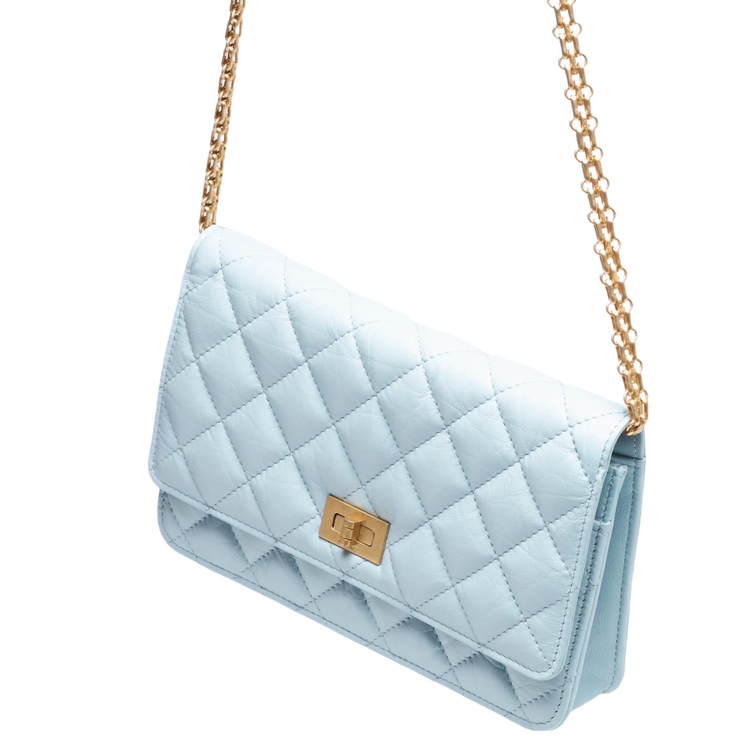 Chanel Light Blue Gold Classic 2.55 Reissue WOC Wallet on a Chain ...
