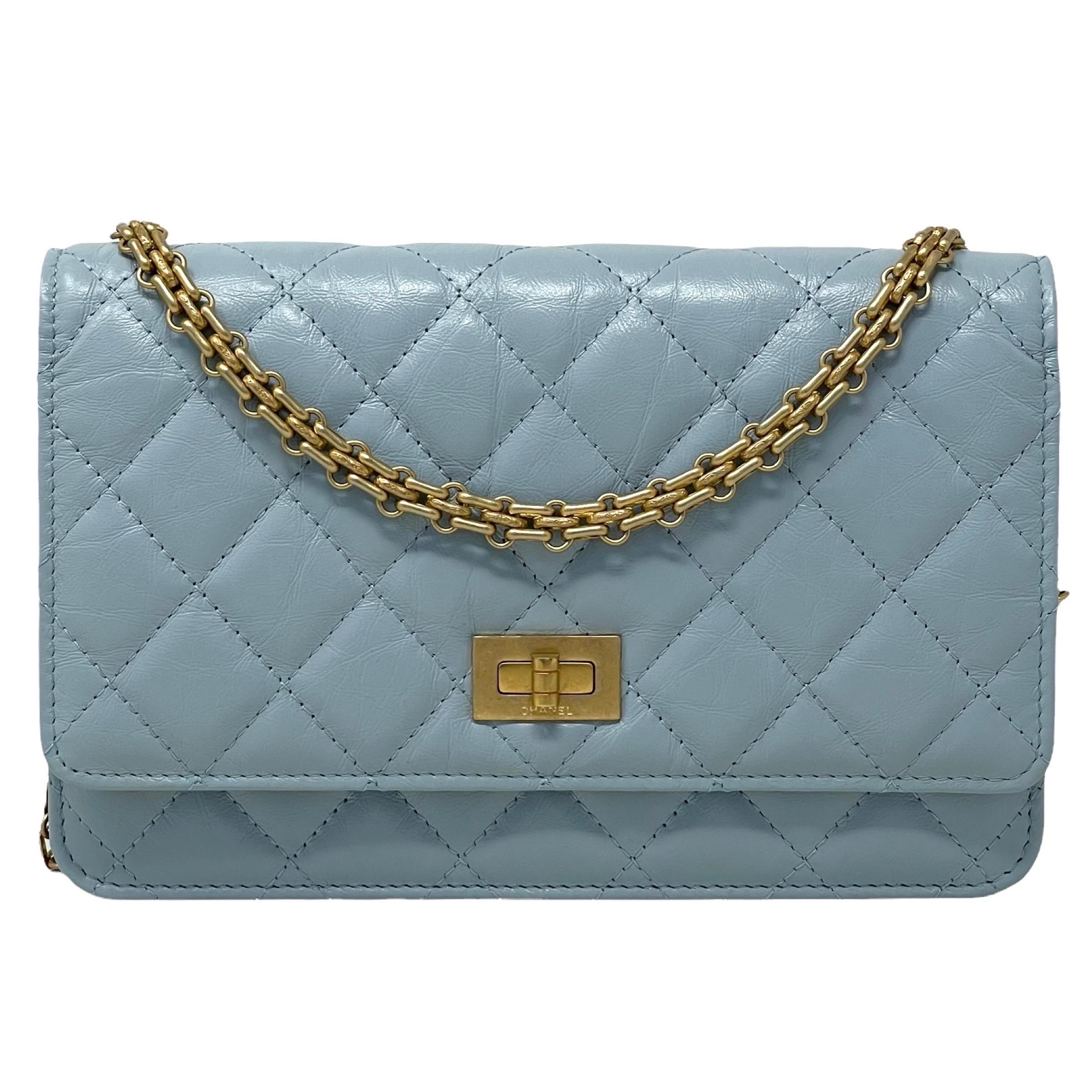 Chanel Light Blue Gold Classic 2.55 Reissue WOC Wallet on a Chain ...